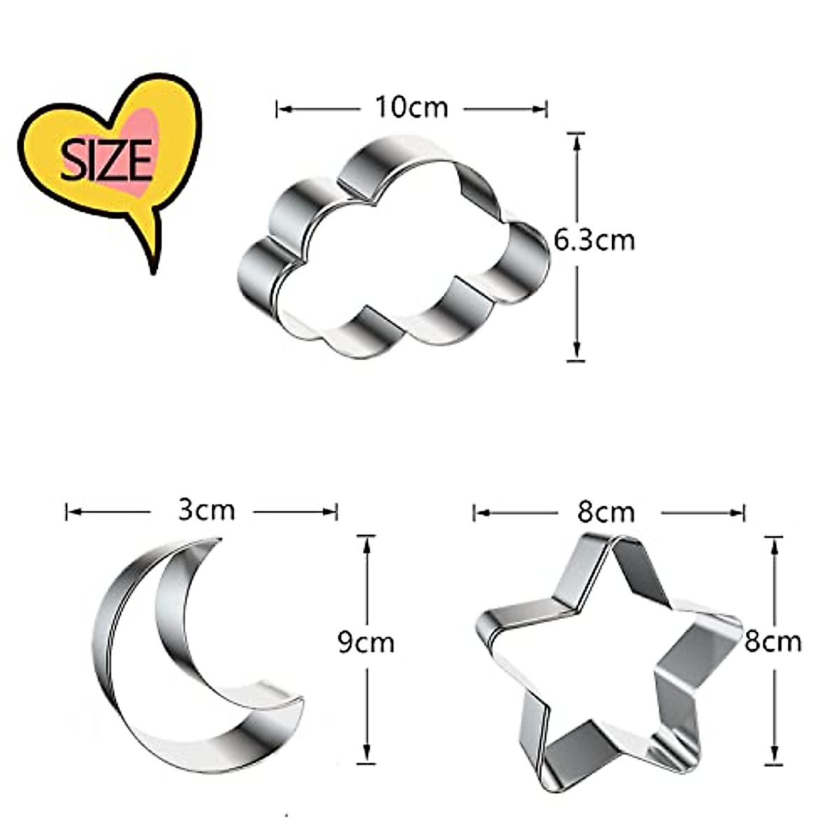 3 Pieces Star, Moon and Cloud Cookie Cutters Stainless Steel Biscuit Cutters Molds Shapes for Baby Shower or Gender Reveal Party