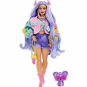 Barbie Extra Doll & Accessories with Wavy Lavender Hair in Colorful Butterfly Sweater & Pink Boots with Pet Koala