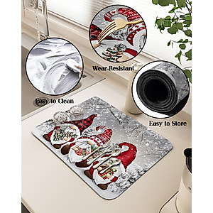 Red Gnomes Dish Drying Mat for Kitchen Counter, Super Absorbent Quick Dry Coffee Bar Mat Pad Thin Diatomaceous Sink Mat Non Slip Dish Drainer Mat 16''x24'' Christmas Winter Fantasy Snowflake