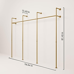 pamo Industrial Pipe Clothing Rack Gold - 660 lbs Capacity - Wall Mounted Clothes Rack and Walk In Closet for Wardrobe