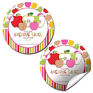 Awesome Sauce Apple-Themed Valentine Party Favor Sticker Labels, 40 2" Party Circle Stickers by AmandaCreation, Great for Classroom Valentines, Envelope Seals, Gifts & Treats
