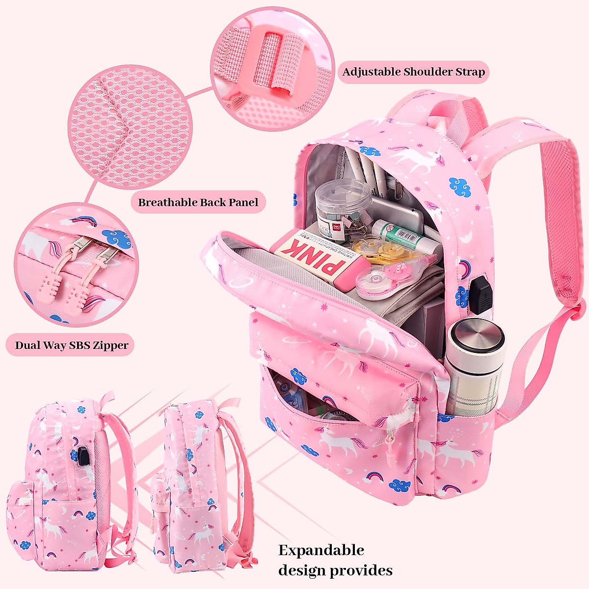 SCIONE Cute School Backpack for Girls, Teens School Bag with USB Charging Port Water-Resistant Pink Canvas Bookbag, Preschool Daypack Elementary BackBag, Back to Shool Supplies Gifts for Kids