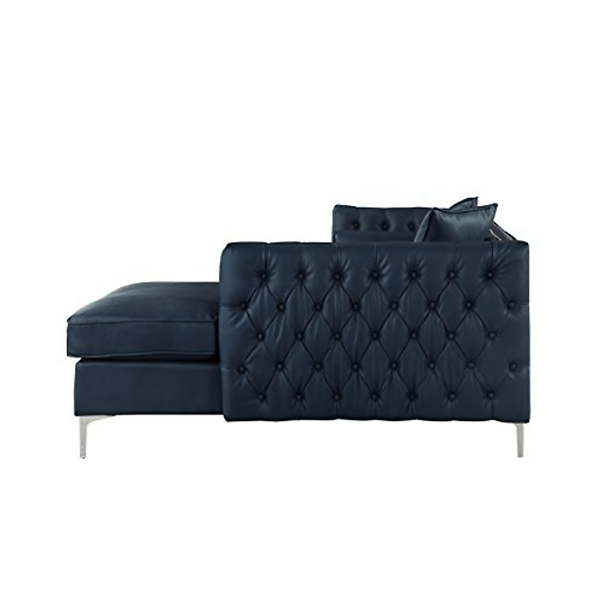 Iconic Home Da Vinci Right Hand Facing Sectional Sofa L Shape Chaise PU Leather Button Tufted with Silver Nailhead Trim Silvertone Metal Leg with 3 Accent Pillows, Modern Contemporary, Navy