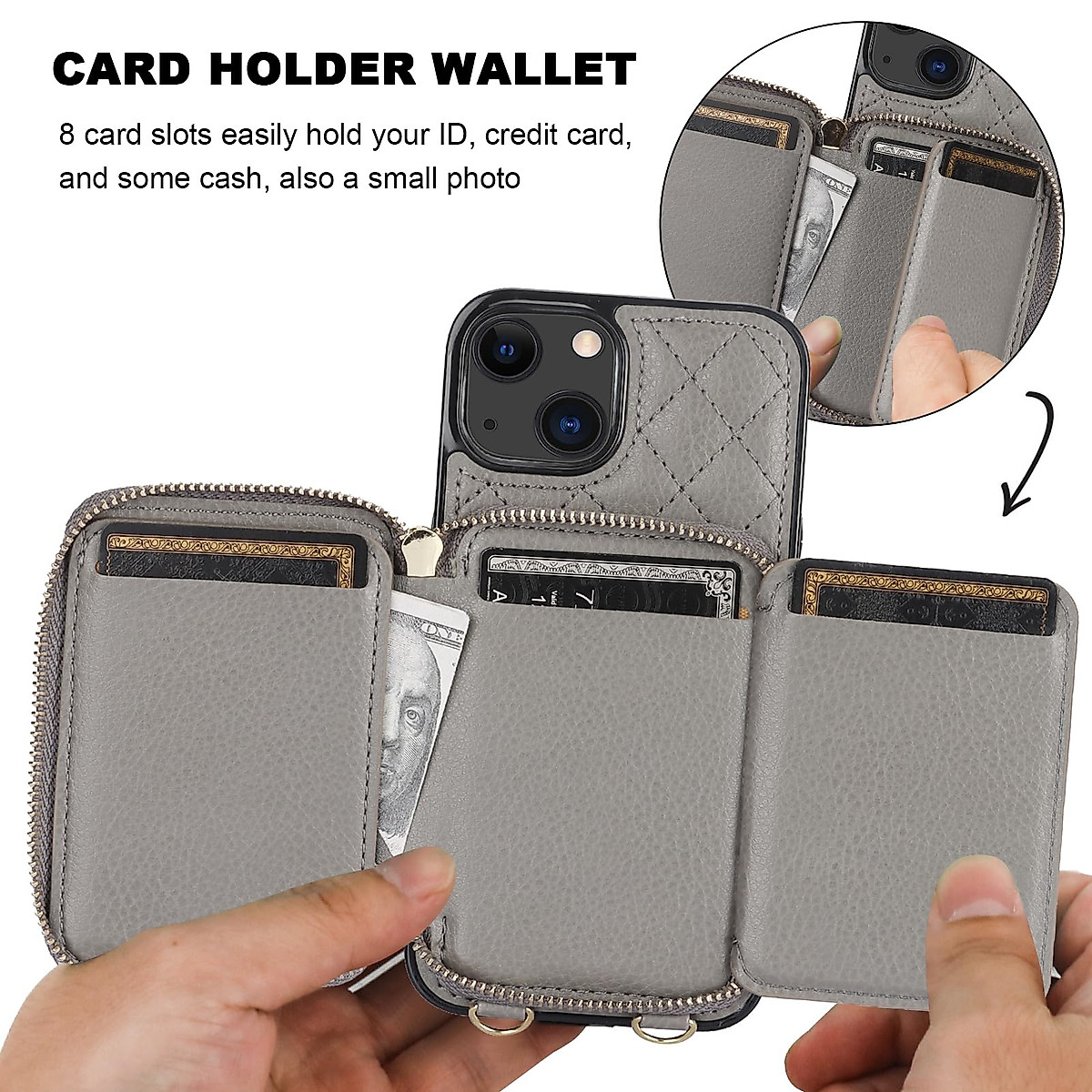Bocasal Crossbody Wallet Case for iPhone 13, RFID Blocking PU Leather Zipper Handbag Purse Flip Cover, Kickstand Folio Case with Card Slots Holder Wrist Strap Lanyard 5G 6.1 Inch (Grey)