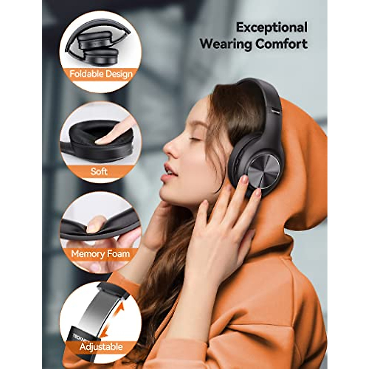 TECKNET Headphones Wireless Bluetooth, 65H Playtime and 3 EQ Modes Over Ear Headphones with Microphone, Memory Foam Ear Cups, Hi-Res Audio, Deep Bass for Home Traver Work PC/Callphones