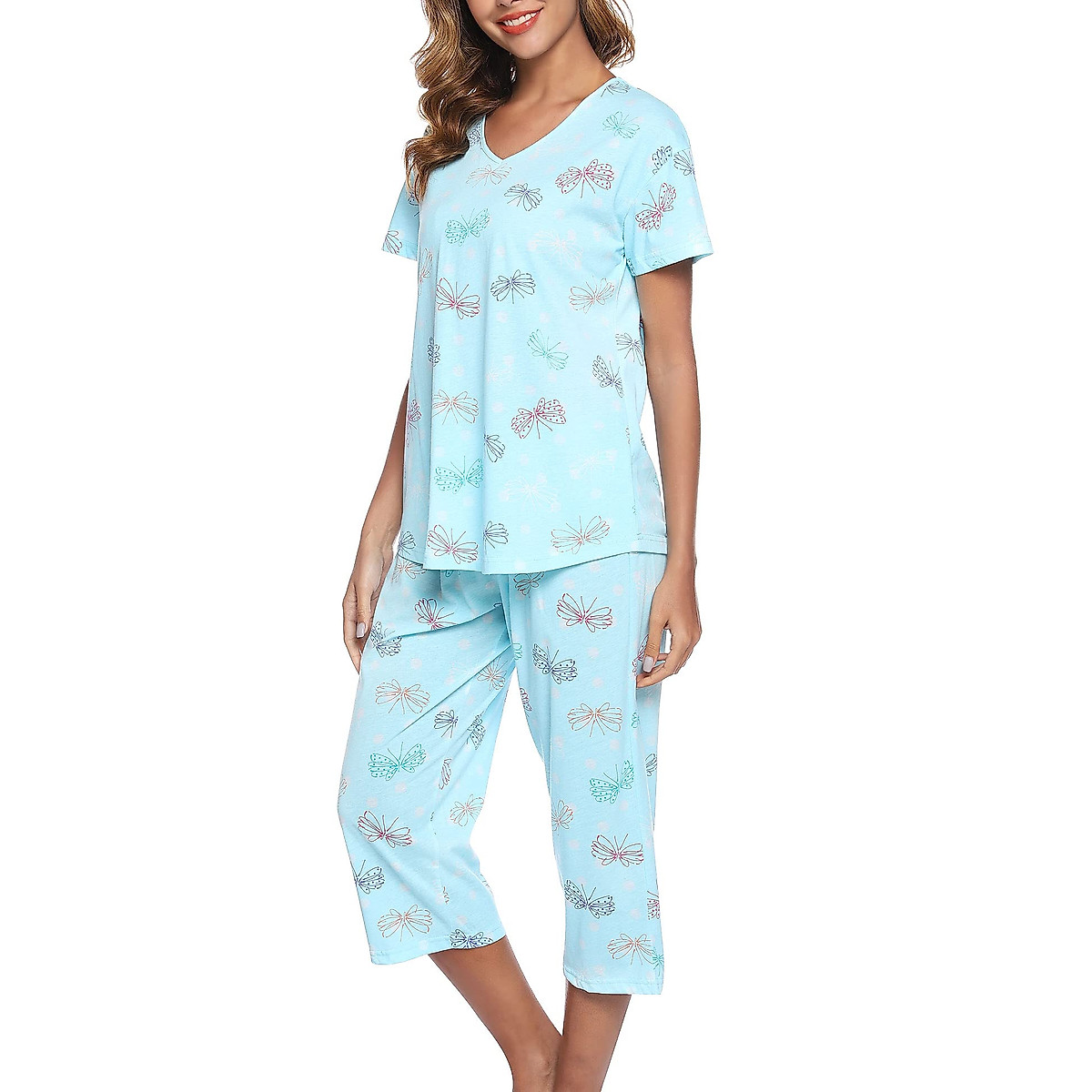 ENJOYNIGHT Womens Pajama Sets Cotton Pj Set Short Sleeve Top With Capri Pants Sleepwear 2 Piece Lounge Set(Large,Flyyying)