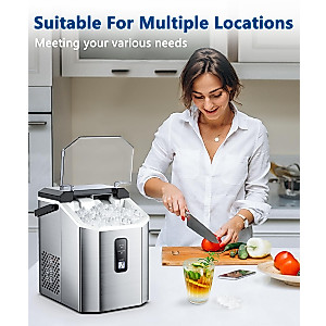 Joy Pebble Nugget Stainless Steel Ice Maker, 10,000pcs/33lbs/Day, Portable Handheld Nugget Ice Maker Machine with Handle, Ice Makers Countertop Self-Cleaning, Ice Scoop and Basket, Silver