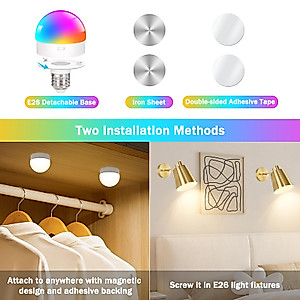 Odnora Rechargeable Battery Operated Light Bulbs with Remote Control 2 Packs, E26 Detachable Dimmable LED Bulb with 15 Colors & 3 Timer, Wireless Puck Light Bulbs for Lamps Wall Sconce, Non-Hardwired