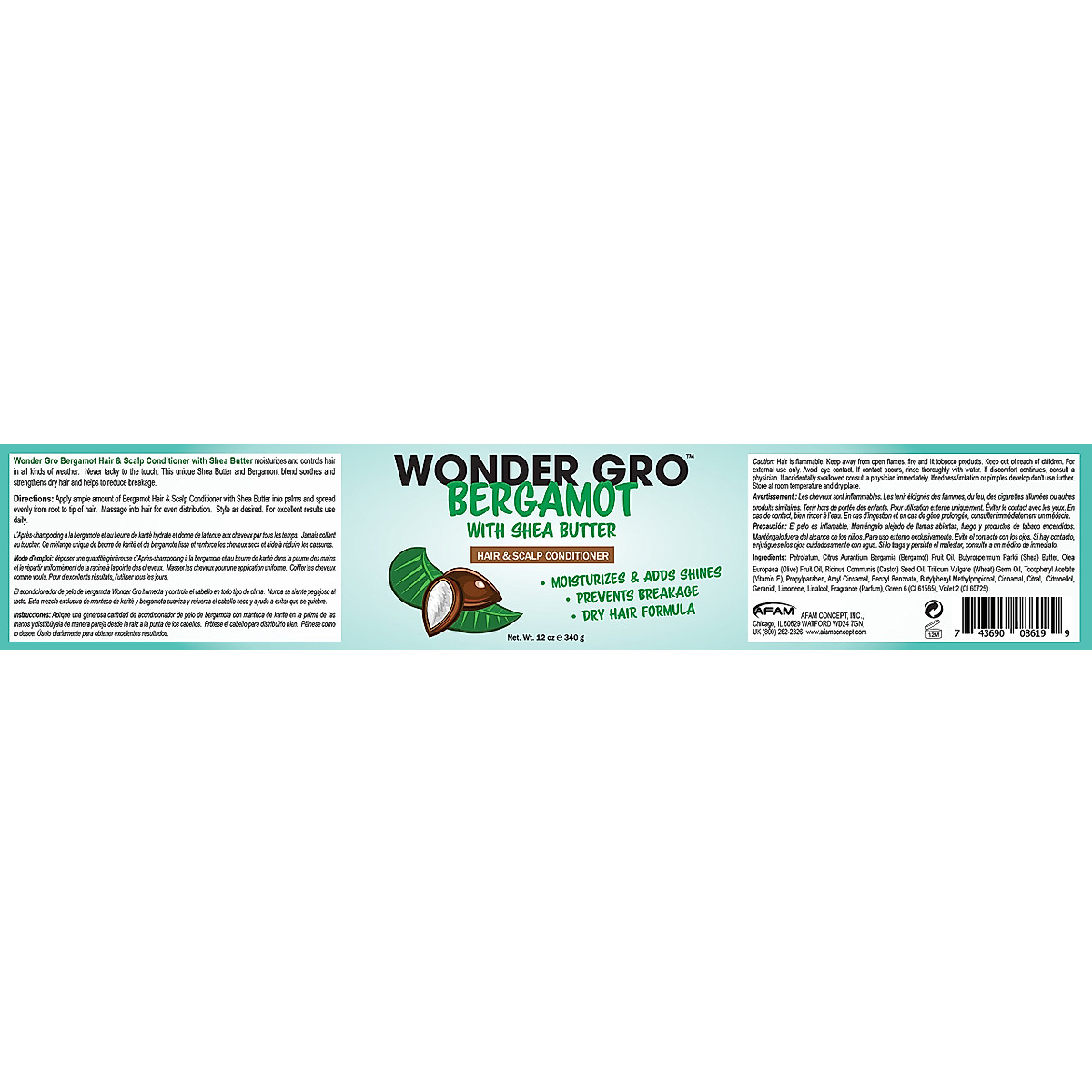 Wonder Gro Bergamot with Shea Butter Hair Grease Styling Conditioner, 12 fl oz - Moisturizes & Adds Shine, Prevents Breakage - Best Dry Hair Formula