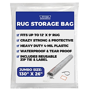 Heavy Duty Rug Storage Bag - Reusable Rug Shipping Bag, Waterproof Plastic Rug Cover - Fits Rolled Carpet Up to 9 x 12 Feet, 4 Mil Thick Tear Proof Plastic Storage Bag - 1 Clear Bag, 130 x 26 Inches