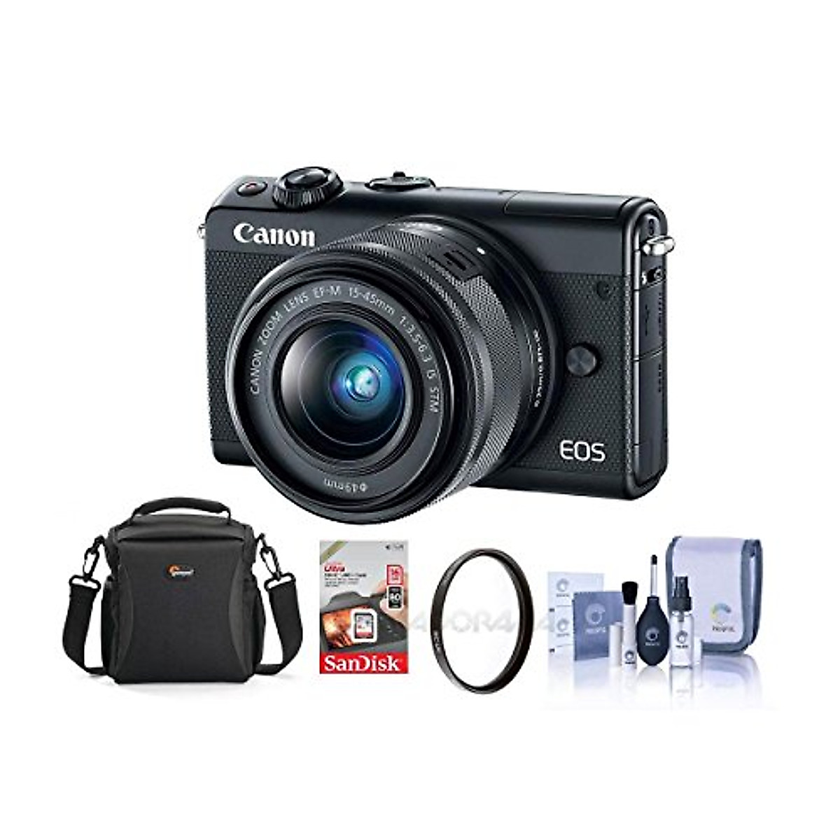 Canon EOS M100 Mirrorless Camera with EF-M 15-45mm f/3.5-6.3 is STM Lens, Black - Bundle with 16GB SDHC Card, Camera Case, 49mm UV Filter, Cleaning Kit
