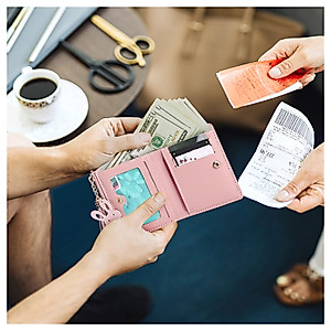 FuninCrea Ladies Zipper Wallet, Small Purse with Metal Snap Button, Leather Wallet for Women with Coin Bag, Multifunction Ladies Bifold Wallets, Credit Card Holder Wallet for Girls (pink)