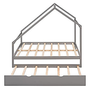 MERITLINE Full House Bed with Trundle, Wooden House Bed Frame with Roof, Full Platform Bed, House Daybed Frame for Toddler,Kids, Teen (Full, Gray)