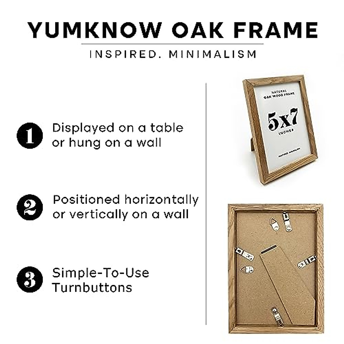 YUMKNOW 5x7 Picture Frame - Modern Boho Frame Opening 5 x 7 Pictures - Solid Wooden Photo Frame for Walls - Natural Oak Wood Poster Print Art Painting - Hanging or Stand at Desk Picture Frame Gallery