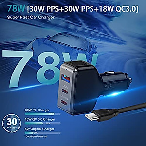 Super Fast Car Charger for iPhone 14 Pro Max 13 12 11 SE iPad Pro, 78W Cigarette Lighter USB Charger Adapter, PD 30W & QC 18W Android Phone Auto Cargador for Samsung Galaxy S23 S22 Ultra S21,Pixel 7