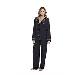 Barefoot Dreams Womens Luxe Milk Jersey Piped Pajama Set, Black, Large US
