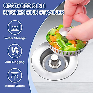 Upgraded 3 in 1 Kitchen Sink Drain Strainer - Stainless Steel Pop Up Sink Stopper, Anti-Clogging Sink Basket, Fast Drainage Kitchen Sink Plug for US Standard 3-1/2 Inch Drain