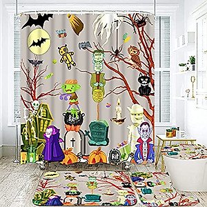 Alishomtll 4 Pcs Halloween Shower Curtain Set with Non-Slip Rugs, Toilet Lid Cover and Bath Mat, Colorful Cartoon Pumpkin Shower Curtains with 12 Hooks, Mummies Tree Ghost Bathroom Curtain