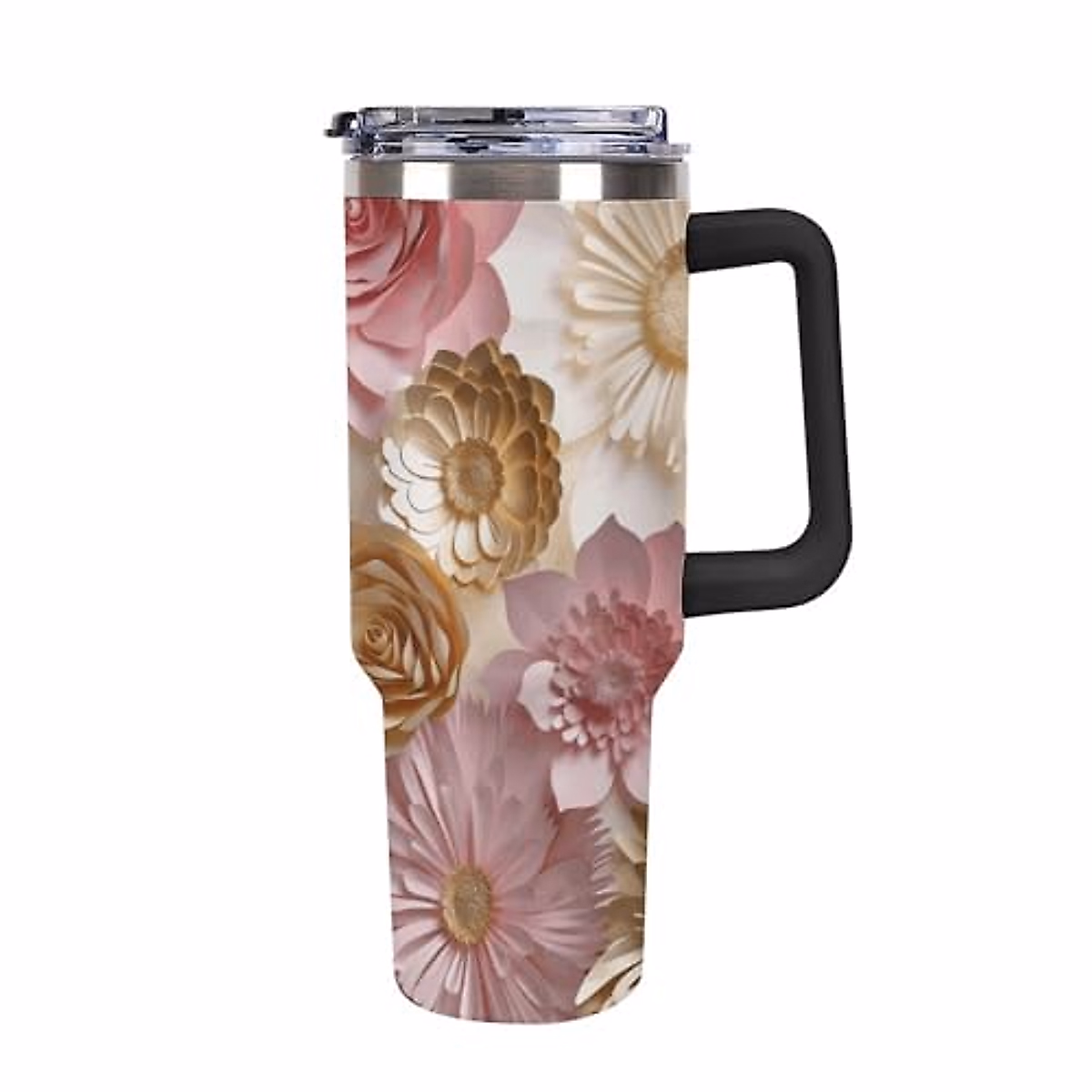 NVBSKKDH Pink White Gold Flowers 40 Oz Stainless Steel Tumbler with Handle & Straw Double-Walled Vacuum Insulated Travel Mug for Hot/Cold Drinks, Reusable Thermal Cup for Car Cup Holder