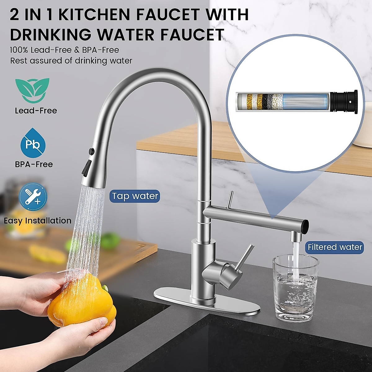 Kitchen Faucet, 2024 Upgraded Filter Water Kitchen Faucet with Pull Down Sprayer, Brushed Nickel Stainless Steel High Arc 1 Or 3 Hole Kitchen Sink Faucet for Remove Chorine and Harmful Substances