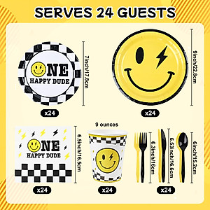 168Pcs One Happy Dude Birthday Paper Plates Yellow Smile Face Party Plates One Happy Dude Plates Cups Napkins Plastic Spoons Forks Knives Party Favors for Birthday Baby Shower Bachelor Party,Serves 24