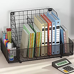 Magazine Holder Rack, Vertical Desk File Organizer,Metal Mesh Folder Binder Holder with 3 Adjustable File Compartments 2 Pen Organizers, Paper File Rack Home Office Desk Organizers and Accessorie