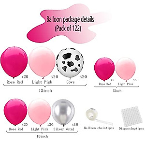Rose Red Cow Balloon Garland Arch Kit - 122pcs Cow Print Balloons Rose Red Pink Metallic Silver Balloons for Cowgirl Birthday Wedding Anniversary Western Theme Last Rodeo Bachelorette Party Decoration