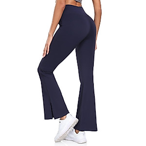 YUNOGA Women's Flare Leggings with Pockets, Crossover High Waist Buttery Soft Bootcut Yoga Pants, Split-Hem Bell Bottom Pants (L, Navy)