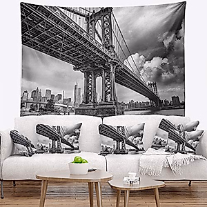 Designart 'Manhattan Bridge in Gray Shade' Cityscape Photo Tapestry Blanket Décor Wall Art for Home and Office, Created On Lightweight Polyester Fabric x Large: 92 in. x 78 in
