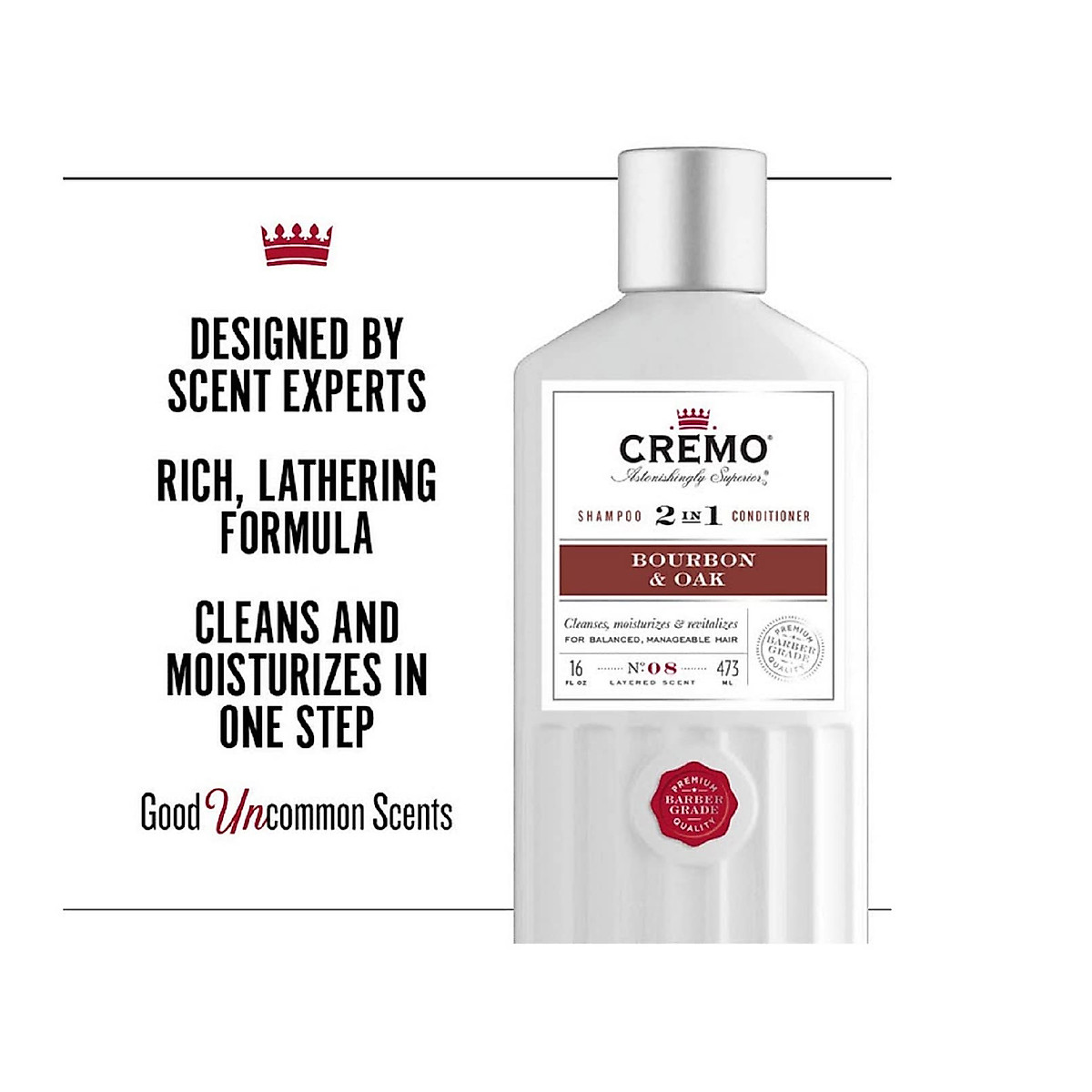 Cremo Bourbon & Oak Barber Grade 2-in-1 Shampoo & Conditioner, 16 Fl Oz (2-Pack) - A Sophisticated Blend of Distiller’s Spice, Fine Bourbon and White Oak
