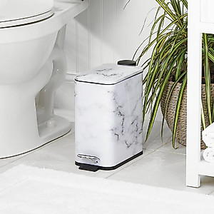 mDesign Slim Metal Rectangle 1.3 Gallon/5 Liter Trash Can with Step Pedal, Easy-Close Lid, Removable Liner - Narrow Wastebasket Garbage Container Bin for Bathroom, Bedroom, Kitchen - White Marble