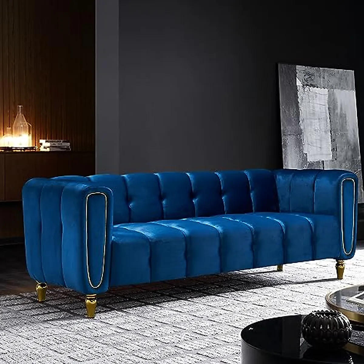 Melpomene 83.07" Mid-Century Modern Channel Tufted Sofa for Living Room, Upholstered Chesterfield Velvet Sofa Couch with Adjustable Metal Leg,Blue