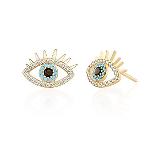 PEARLADA 18K Gold Evil Eye Stud Earrings Dainty Micro-inlaid Cubic Zirconia Earring for Women Handmade Post Jewelry Fashion Blue Gemstone Pushback Earrings for Christmas Gift
