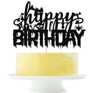 Black Glittery Halloween Happy Birthday Cake Topper Halloween Birthday Cake Picks with Bat Ghost Spider Signs Halloween Boys Girls Birthday Baby Shower Party Cake Supplies Decorations (1)