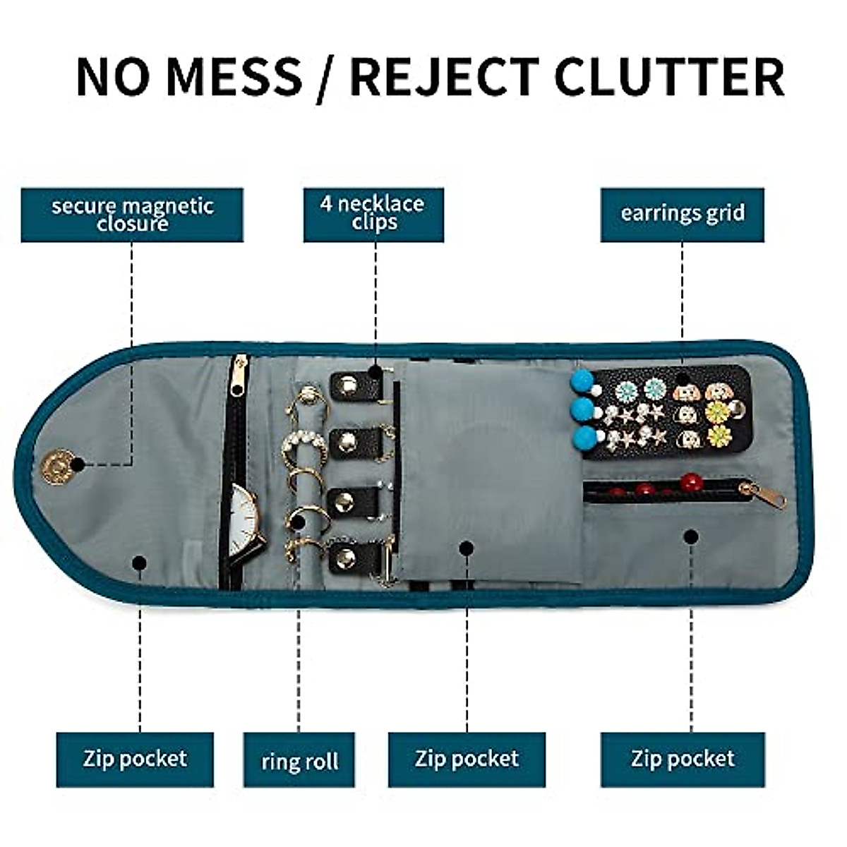 TEABAN Travel Jewelry Organizer Case Portable - Practical Tavel Jewelry Pouch, Jewelry Bag Roll for Tangle-Free Necklaces, Earrings, Rings Storage, Bracelet(Blue, Small