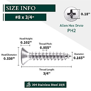 #8 x 3/4" (100 pcs) Stainless Steel Flat Head Sheet Metal Screws, Phillips Drive Wood Screws, 304 Stainless Steel 18-8, Self Tapping Screws