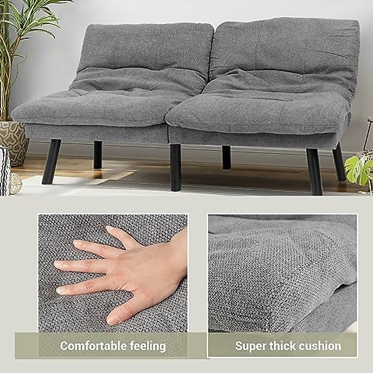 YESHOMY Futon Sofa Bed,Skin-Friendly Couch Loveseat with Adjustable Backrest, Dark Grey