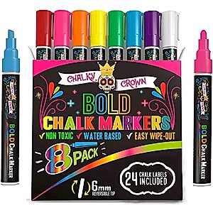 Bold Chalk Markers - Dry Erase Marker Pens - Chalk Markers for Chalkboards, Signs, Windows, Blackboard, Glass - Reversible Tip (8 Pack) - (Multicolored, 6mm)