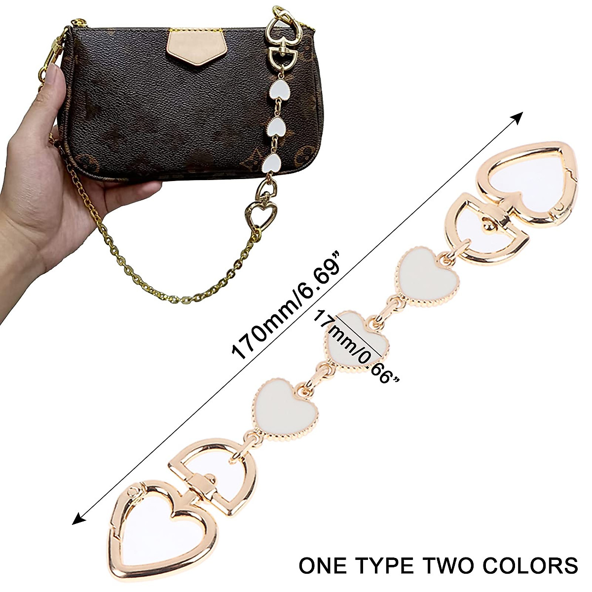MaehSab 2 Pieces Bag Extender Chain Strap, Heart Shape Cute Purse Extender Strap Charms Replacement Accessory for Purse Handbag, (Black and White)