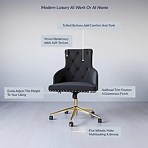 BELLEZE Modern Velvet Desk Chair for Home Office or Bedroom Vanity, Tufted Upholstered Seat with Slim Arms, Adjustable Height, Swivel, Wheels - Belden (Black)