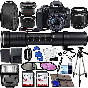 Camera EOS 850D (Rebel T8i) DSLR Camera w/ 18-55mm Lens Kit + 420-800mm Super Zoom Lens + Wide Angle Lens + Telephoto Lens + 128GB Memory + Case + Tripod + Filter Kit + Pro Bundle