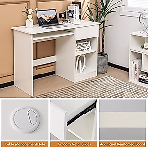 IFANNY White Computer Desk with Drawers, Modern Office Desk with Keyboard Tray and Open Storage Shelf, Work Desk for Home Office, Small Computer Desk for Small Spaces…