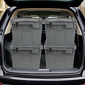 Sosody 4 Packs 15 Gallon Heavy Duty Plastic Stackable Storage Bin Tote, Gray Plastic Distribution Container With Hinged Lid