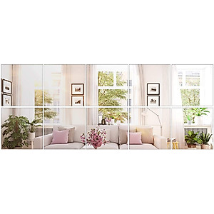 BBTO 10 Pieces Self Adhesive Mirror Tiles Wall Cut to Size Mirror Stickers Flexible Non Glass Mirror Sheets for Home Living Room Wall Decor (11.9 x 15.7 x 0.04 Inch)