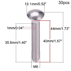 Yinpecly 30Pcs Carriage Bolts M6×40mm Round Head Square Neck Bolt Fasteners 304 Stainless Steel 1mm Pitch Silver Tone