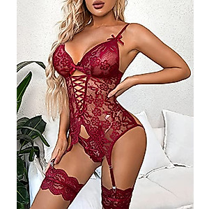 Donnalla Women Sexy Lingerie Set with Garter Belt Lace Bodysuit Teddy with Panty (Wine Red Medium)