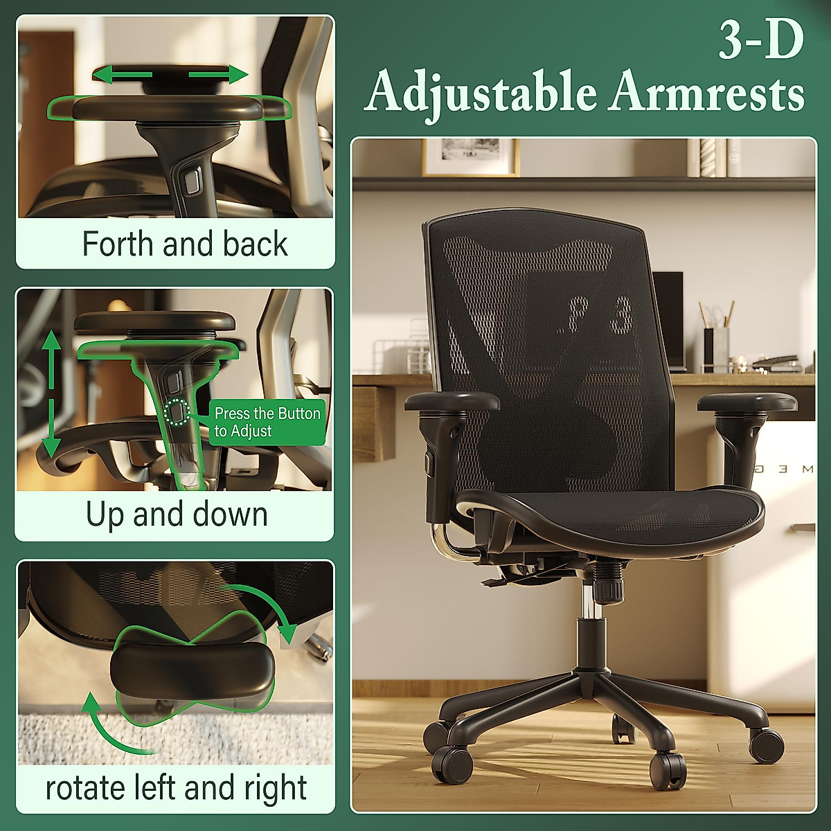 CozNook Ergonomic Office Chair, High-Back Swivel Computer Gaming Desk Chair with Lumbar Support and Adjustable Armrests, Home Office Chair with Breathable Mesh Backrest, 3-Gear Tilt Function,Black