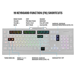 Rosewill NEON K54 Wired Membrane Gaming Keyboard, 9 RGB LED Backlight Effects, 104 Keys, 19-Key Anti-Ghosting, WASD and Arrow Keys Exchange, 8 Multimedia Hotkeys, Slim Profile Floating Keycaps