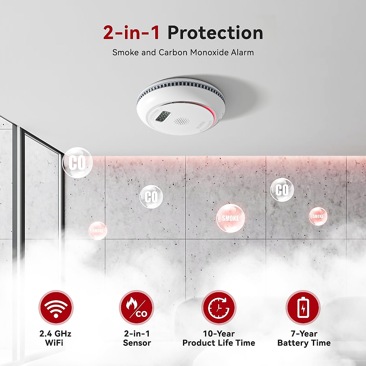 Siterlink Smart Smoke and Carbon Monoxide Detector Combo with Digital Display, 2 in 1 WiFi Fire and CO Alarm Detector, Replaceable Battery, Real-Time Notification, UL217 UL2034, 5 Pack