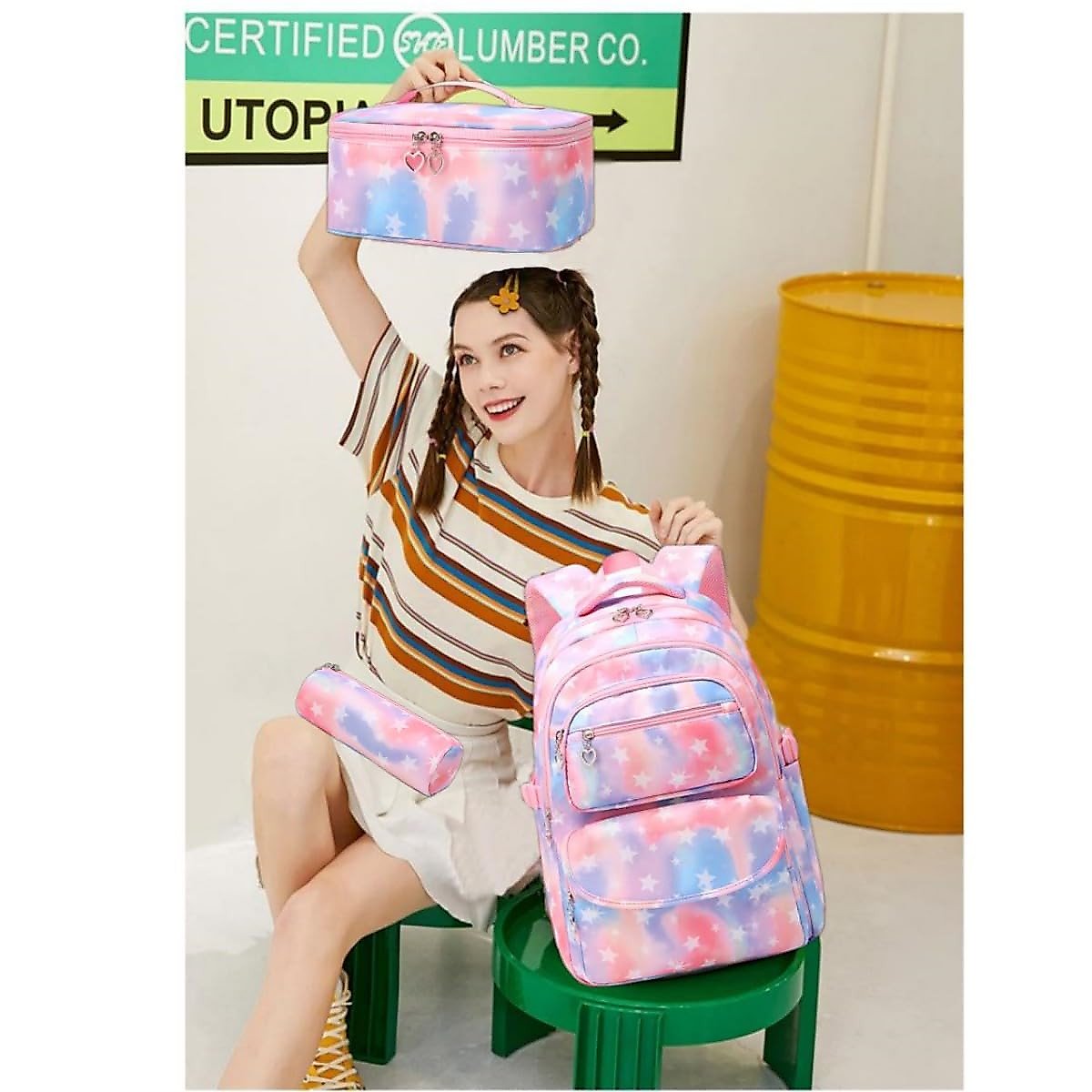 Kids Backpack with Lunch Box, Backpack for Girls, Lightweight Elementary Bookbags Middle-School Backpacks Set, Cute Star-print Schoolbag